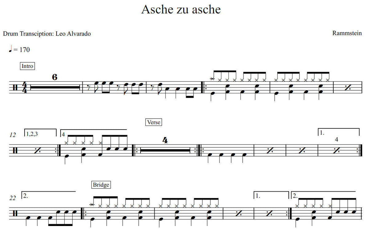 Asche zu Asche - Rammstein - Drum Sheet Music - Leo Alvarado ...