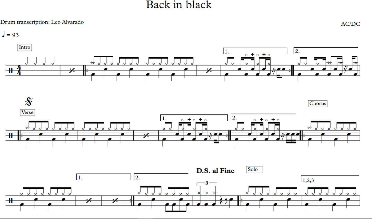 Back in Black - AC/DC - Drum Sheet Music - Leo Alvarado – DrumSetSheetMusic