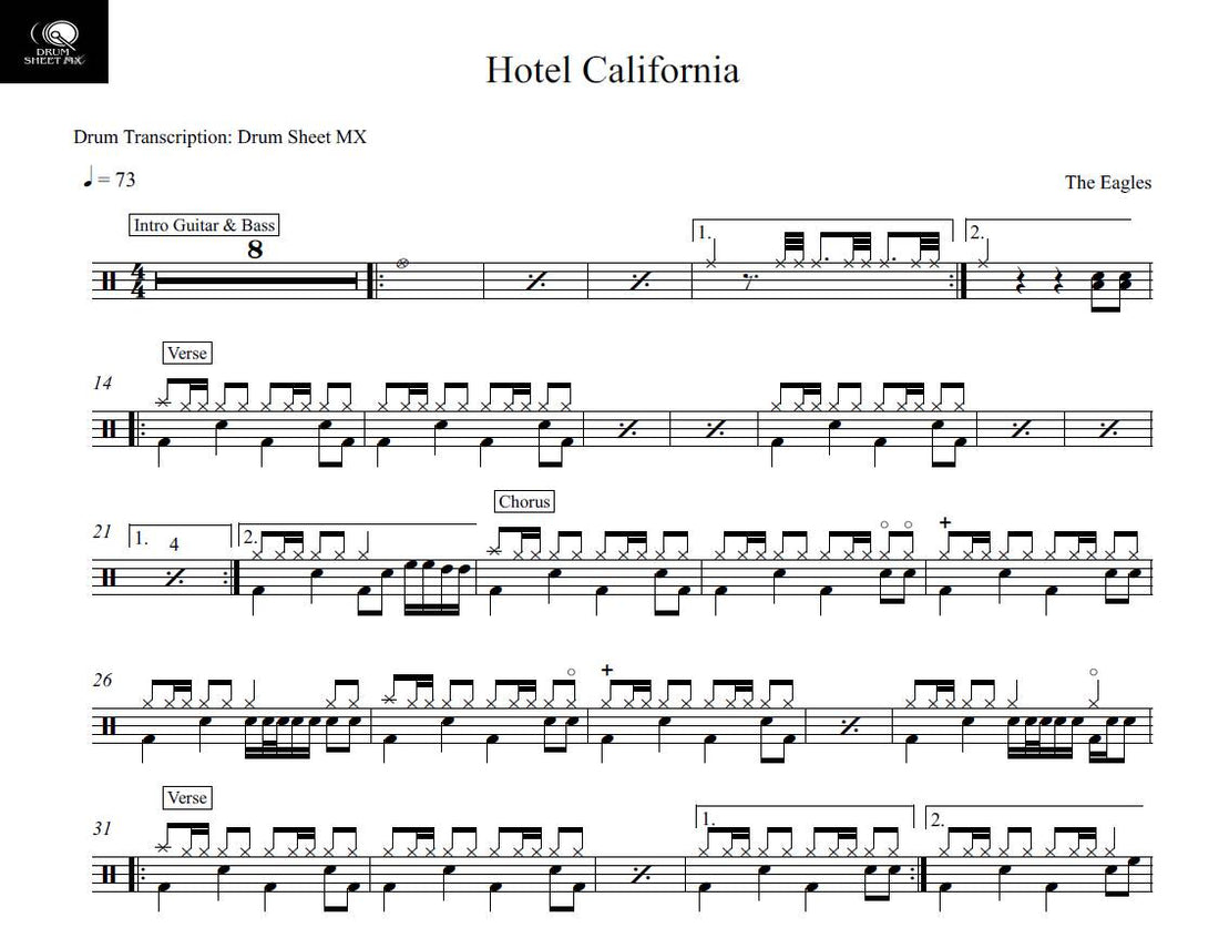 Hotel California - Eagles - Drum Sheet Music - Drum Sheet MX ...