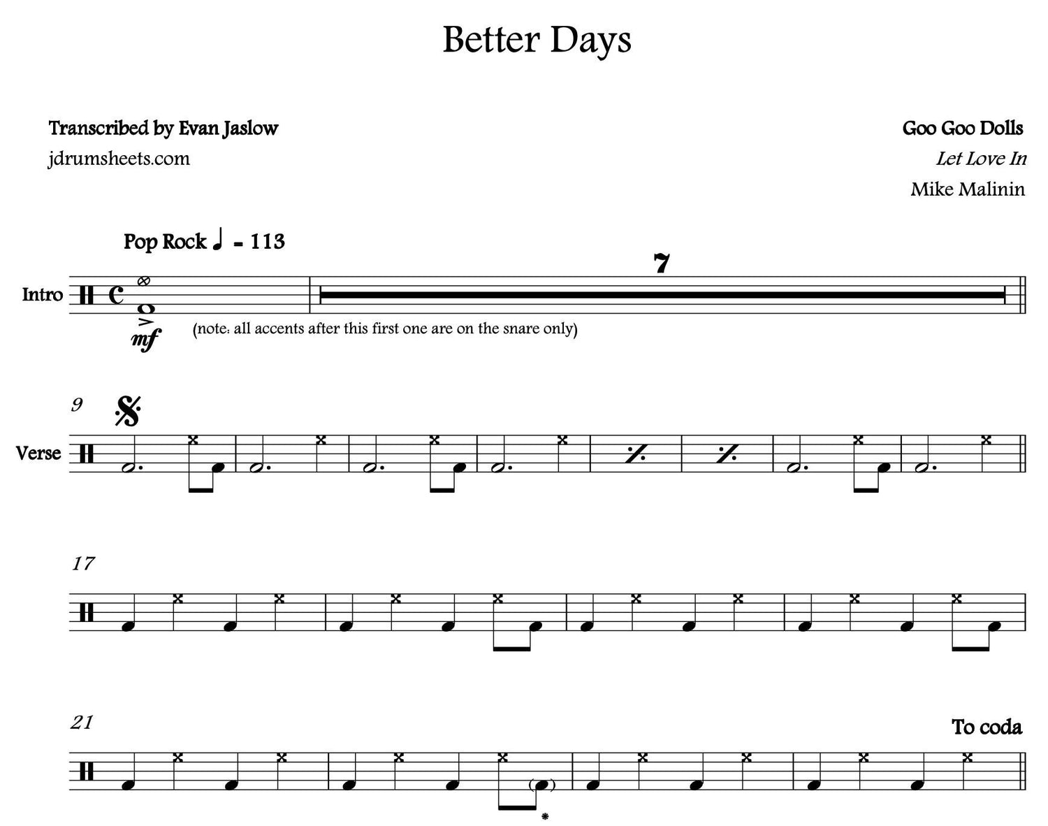 Better Days - Goo Goo Dolls - Drum Sheet Music - Jaslow Drum Sheets ...