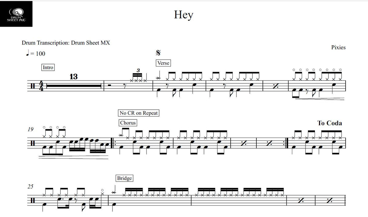 Hey - Pixies - Drum Sheet Music - Drum Sheet MX – DrumSetSheetMusic