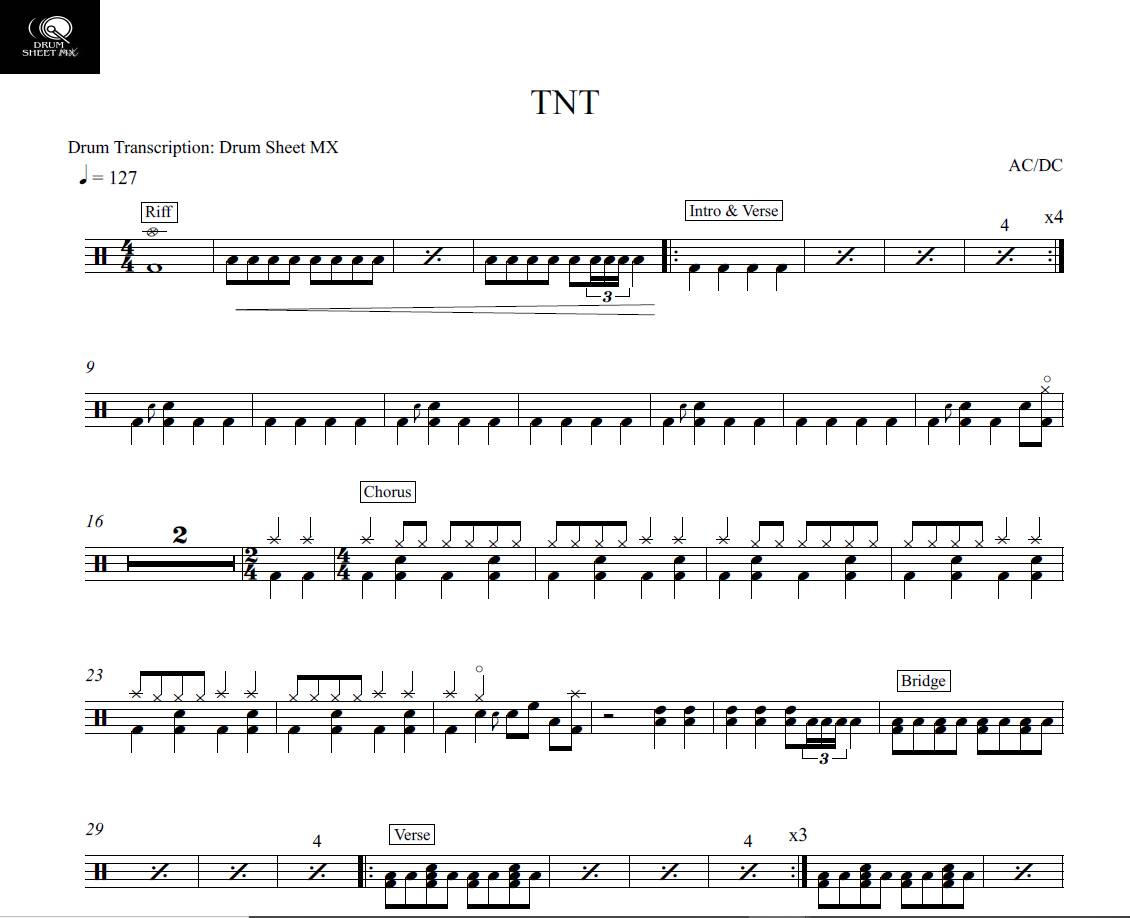 TNT - AC/DC - Drum Sheet Music - Drum Sheet MX – DrumSetSheetMusic